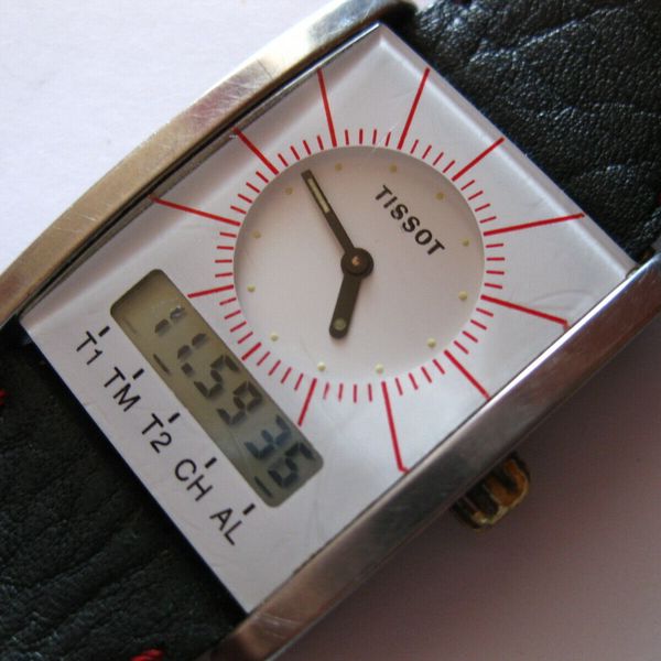 RARE VINTAGE TISSOT D377 TWO TIMER ANA -DIGI RECTANGLE LCD QUARTZ MEN'S ...