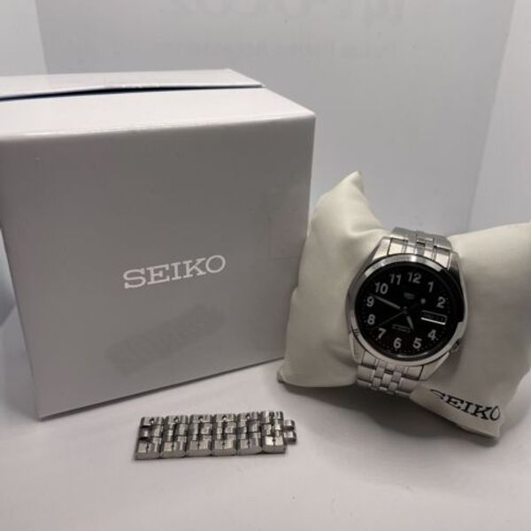 Seiko 5 SNK355 Men's Silver Stainless Steel Automatic Black Dial Watch ...