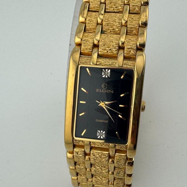 VTG Elgin Quartz Watch Unisex Gold Tone Diamond Black Rectangle New ...