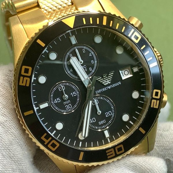 EMPORIO ARMANI AR5857 Chronograph Date Black Dial Gold S/S Men's Quartz ...