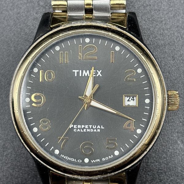 Vintage Timex Perpetual Calendar Menâ s Watch / 37mm Bezel / Works Well ...
