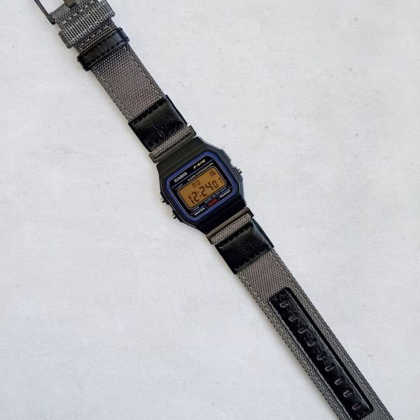 Casio F-91W Custom Grey Nylon & Leather Strap + Yellow Display Filter ...