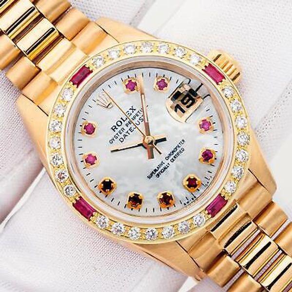 Rolex Lady President DateJust MOP Ruby Dial 18k Yellow Gold Diamond ...