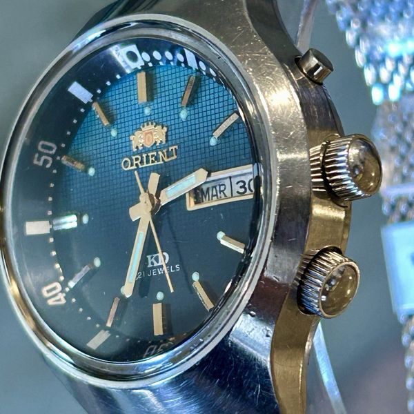 Vintage Orient KD 21 Jewels Auto Day/Date Blue Dial Internal Bezel Mesh ...