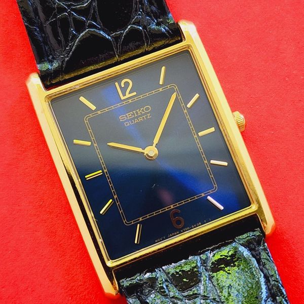 Seiko Tank Watch Rare Blue Dial Gold Coloured Case Leather V700-5K39 Vintage | WatchCharts ...