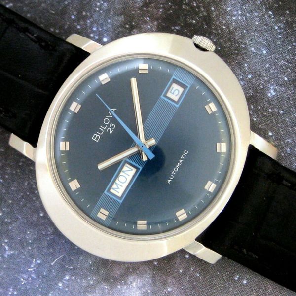 Mens BIG Original 1973 Bulova PRESIDENT A Blue Dial Day Date S/S ...