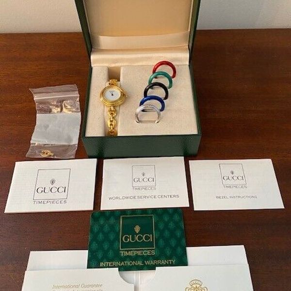 Vintage Gucci Interchangeable Bezel Rice Link Bracelet Timepiece Watch ...