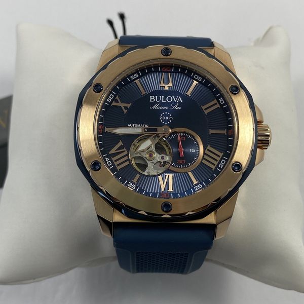 Bulova Marine Star Automatic Skeleton Blue Dial Rubber Strap Men's ...