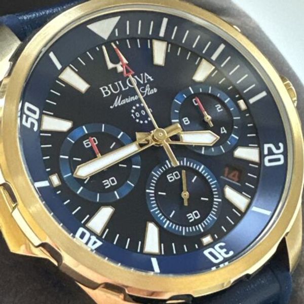 Bulova Men's Marine Star Quartz Chronograph Calendar Blue Watch 43 MM ...