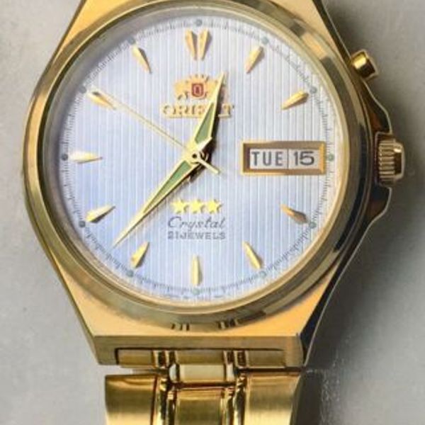 Vintage Orient Day Date Automatic 3 Star Gold Tone 21 Jewels Mens Wrist ...