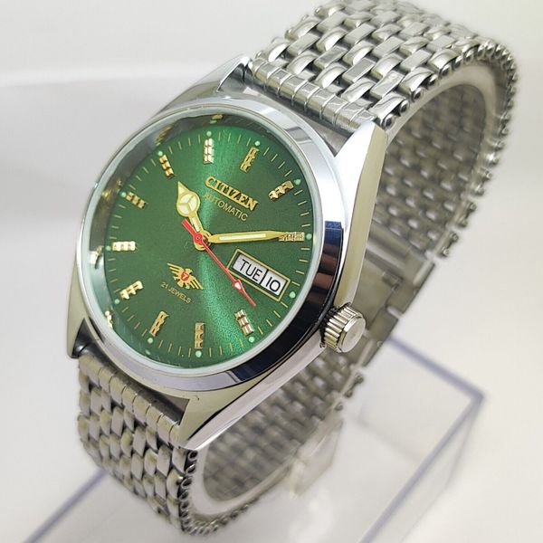citizen automatic men steel excellent Green dial day date watch working ...