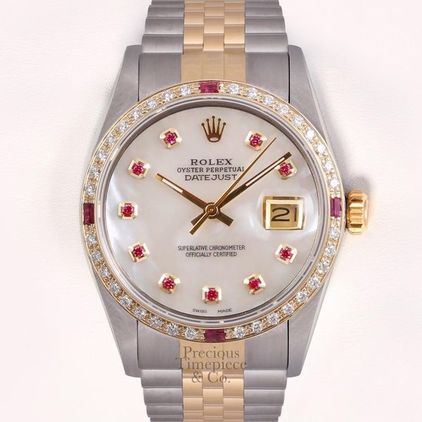 Rolex Datejust Two Tone 36mm 18k Ruby Diamond Bezel-White MOP Ruby Dial ...