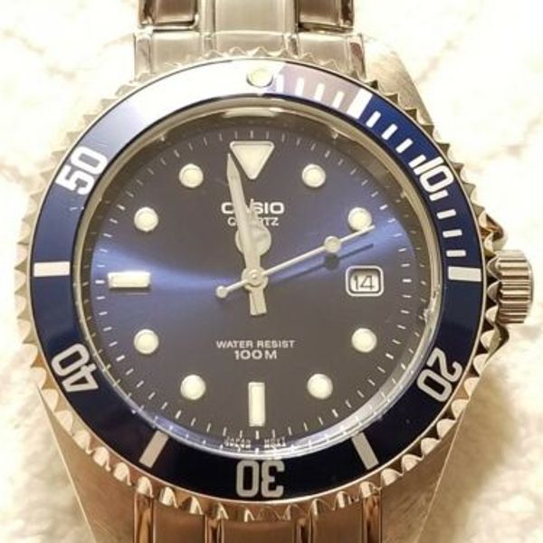 Casio Blue Dial Watch Rotating Bezel Stainless Steel Luminous Hands ...