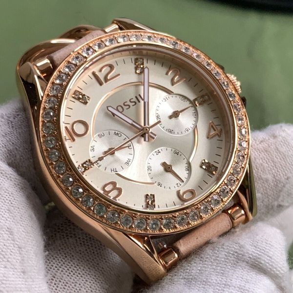 Fossil Riley ES3466 Silver Dial Rose Gold-Tone Leather Analog Quartz ...