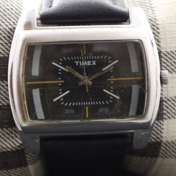 Casual TIMEX Men Black Dial Leather Band Quartz Rectangle Steel Case ...