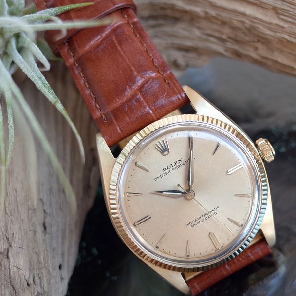 Rolex 1005 1959 Oyster Perpetual K14 585 butterfly rotor new leather ...