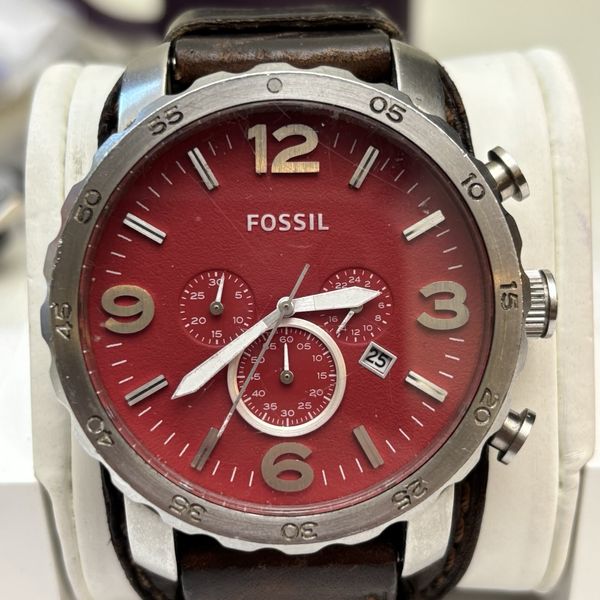 Menâ s FOSSIL Wrist Watch Huge Quartz Red Bund Leather Red Dial 49mm ...