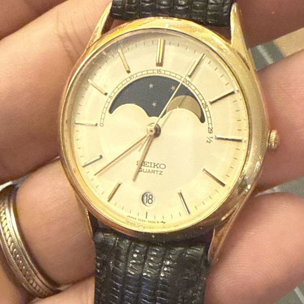 Vintage Seiko Moon Phase Watch Gold Tone w/ Band & Date 7434-7009 ...