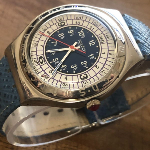 Vintage SWATCH AG 1993 Stainless Steel Quartz Watch w/ Blue Leather ...