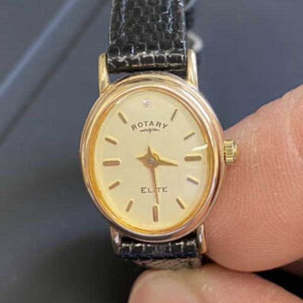 9ct ROTARY Elite Ladies 9k Gold 375 Watch Full Hallmark, Quartz, Black ...