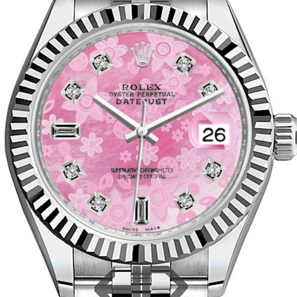 Women's 26mm Rolex Datejust SS Jubilee Glossy Pink Flower Baguette Dial ...