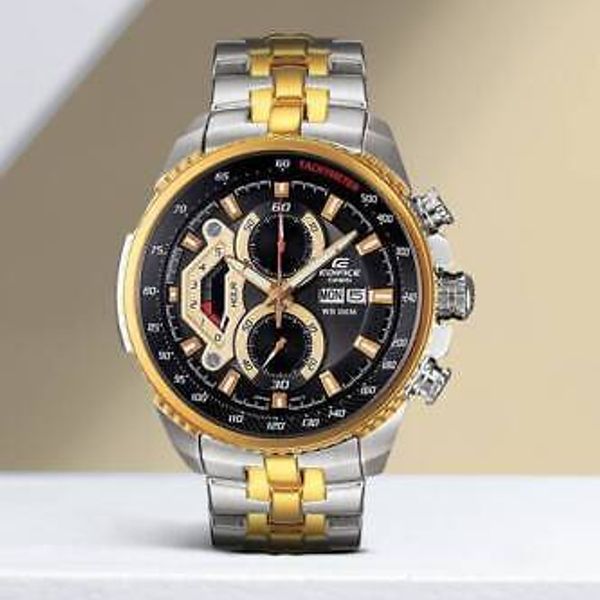 Casio Edifice Gold Black Dial Sporty Chronograph Retro-Grade Watch EF ...