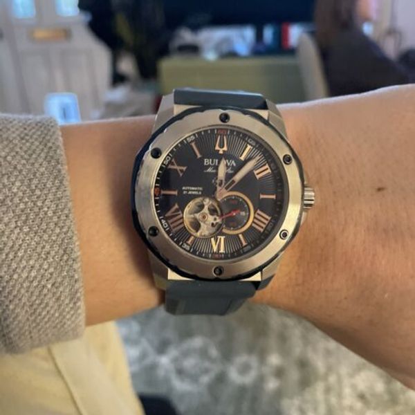 Bulova Menâ s Marine Star Chronograph Date Black Dial Rubber Strap ...