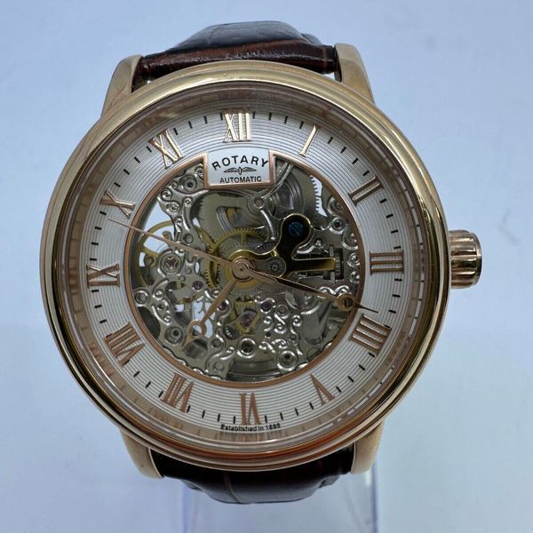 Rotary GS00310/01 Skeleton Automatic Gold Brown Leather Strap Men's ...