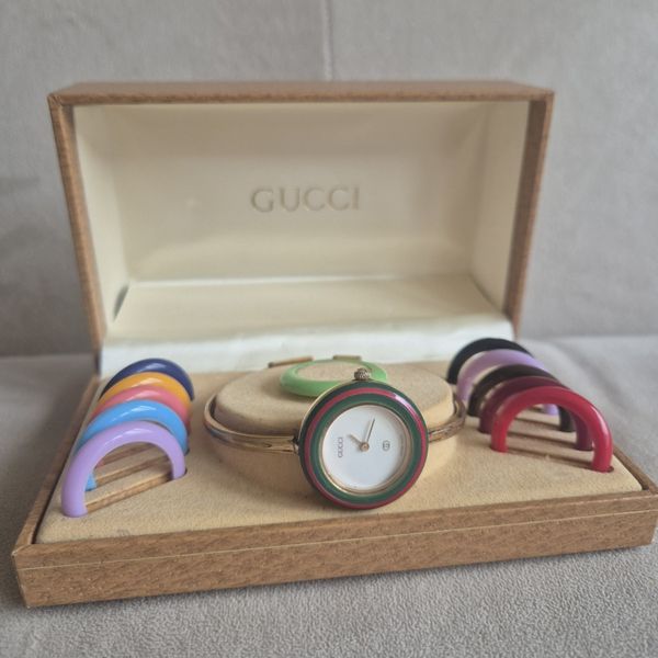 Vintage Gucci Ladies Gold Tone Bezel / Face Change Watch & Box Multi ...