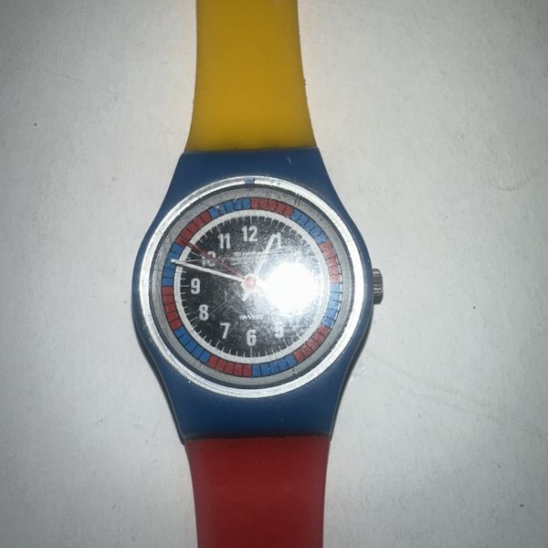 VTG Swatch Watch Ladies TRI COLOR RACER LS102 WORKS 80s HTF Small Crack ...