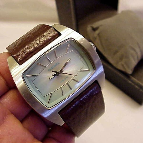 BIG Awesome DIESEL Watch w Box RARE Light Green Dial Wide Leather Strap ...