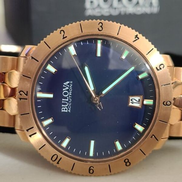Bulova Accutron II Moonview Rose Gold Blue Dial 97B130 Men's Watch Lot ...