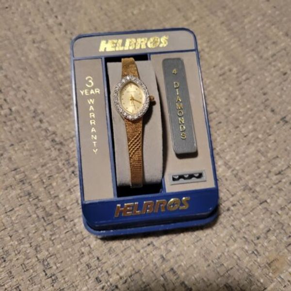 VINTAGE Helbros Ladies Quartz Wristwatch 4 Jewels Genuine Diamonds ...