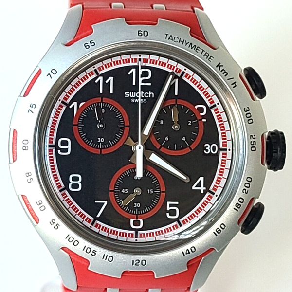 SWATCH SWISS MADE, RED ATTACK X-LITE ALUMINUM MEN'S CHRONO WATCH ...