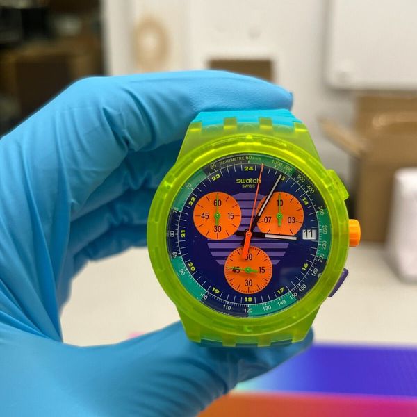 SWATCH NEON WAVE SUSJ404 Wristwatch Oversize Retro Watch Blue Yellow ...
