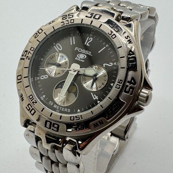 Fossil Quartz Watch BQ-8777 Men 100m Moon Phase Rotating Bezel New ...