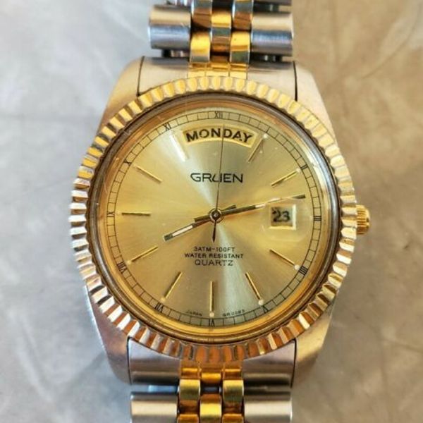Vintage Gruen Men's Watch 200 6M50 Gold/Silver Tone Day/Date 3ATM WR ...