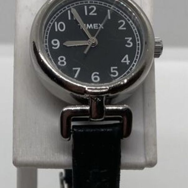 TIMEX LADIES WATCH New Battery Black Dial And Band Silver Case Large ...