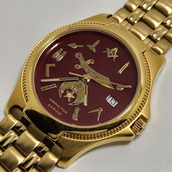 Hamilton 8458 Watch Mens Gold Tone 33 mm Case Bracelet Band Masonic ...