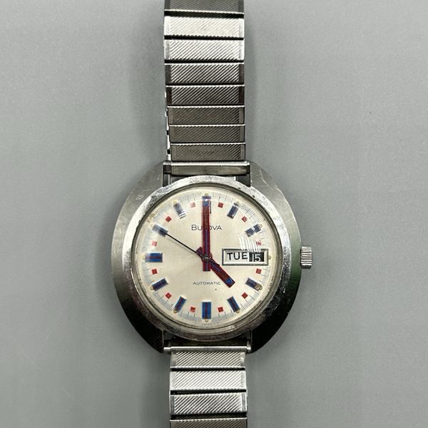 RARE VTG - Bulova N2 Automatic Watch - Blue & Red - Day/Date - WORKS ...