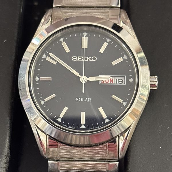 Men's Seiko SOLAR Watch V158-0AB0 No Battery Black Face Silver Tone ...