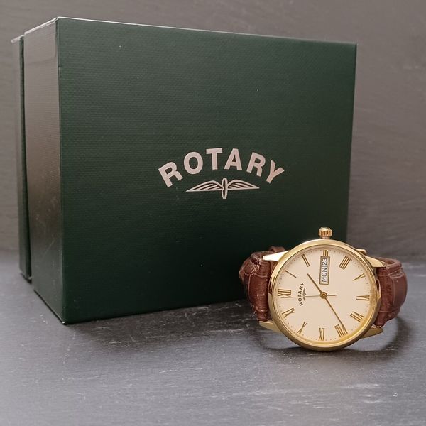 Rotary Windsor Men's Watch Gold Coloured Case Brown Leather Strap Boxed ...