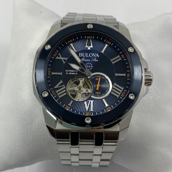 Bulova Marine Star Automatic Blue Skeleton Dial Steel Men's Watch ...