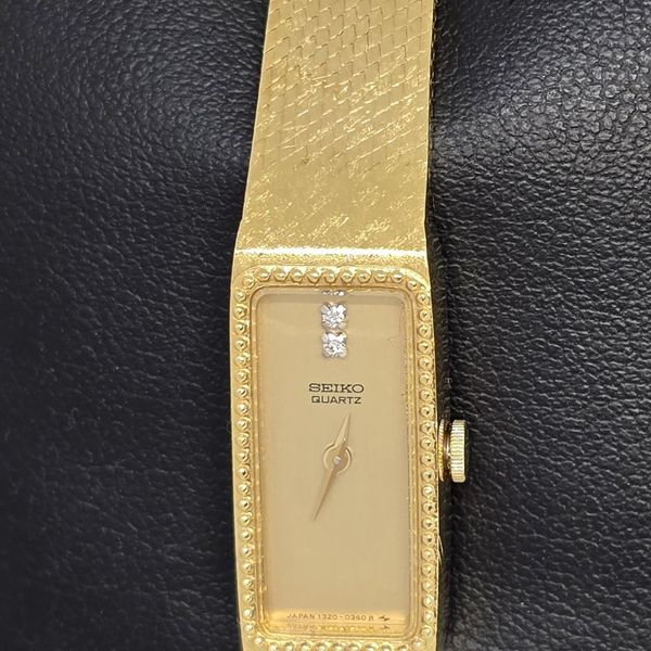 Women's Seiko Rectangle Dial Crown Gold Tone Case Mesh Gold Band Watch ...