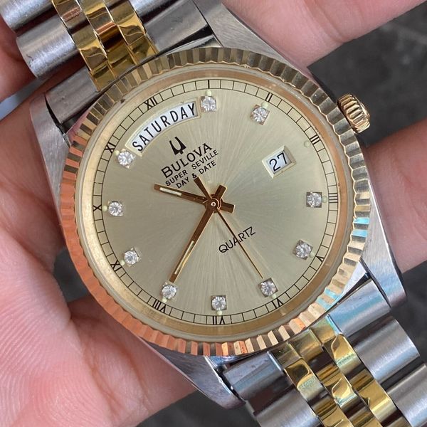 Rare Bulova President Super Seville Dual Tone Quartz Day Date Diamond ...