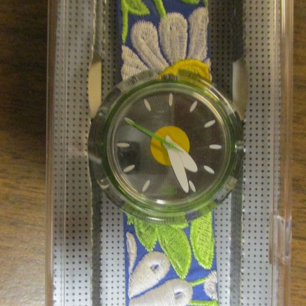 Swatch POP Swiss Watch w/Daisy Embroidered Band, NIB, 1980s, Needs ...