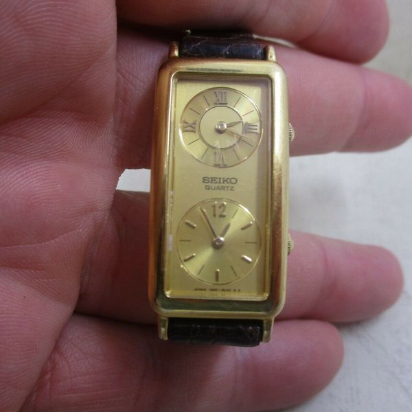 Women's SEIKO Gold Stainless Dual Time Zone Display Leather Watch 1N00 ...