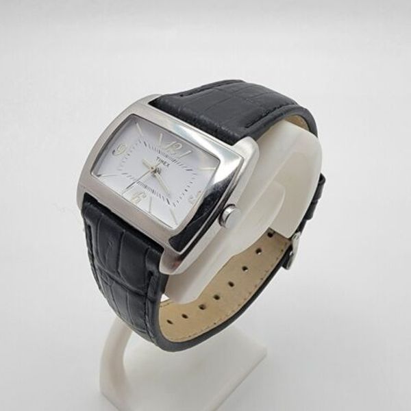 Ladies Timex Rectangular Stainless Steel White Dial Black Leather ...