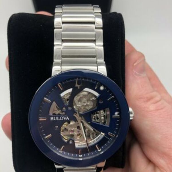 BULOVA MEN'S MODERN AUTOMATIC BLUE SKELETON STAINLESS STEEL WATCH ...