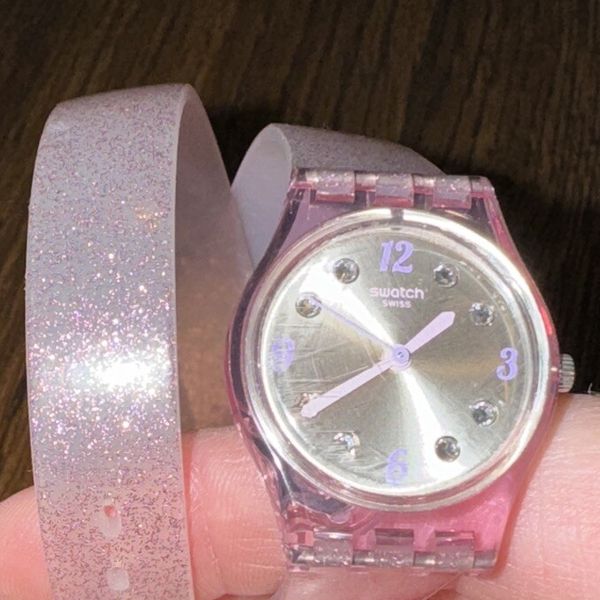 Swatch Watch womenâ s pink glitter 25mm Long Strap-Double Strap-pre ...